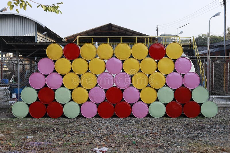 Colorful of old gas tanks. stock photo. Image of industry - 170779094
