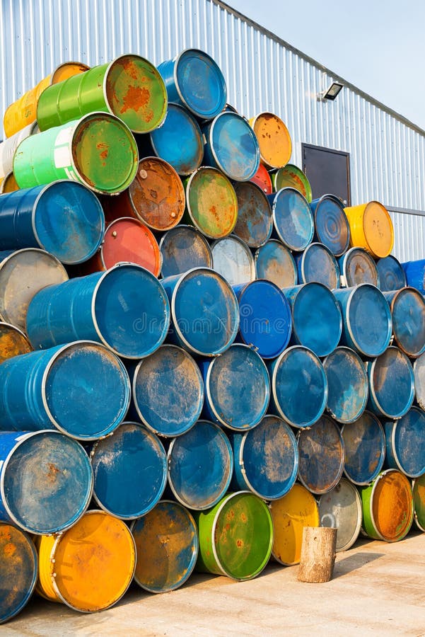 Colorful Old Industrial Metal Barrels Stacked Stock Image - Image of ...