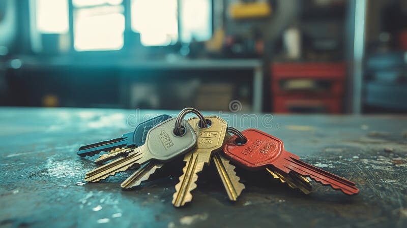 Colorful Old Metal Keys on Workshop Bench with Blurred Background Stock ...
