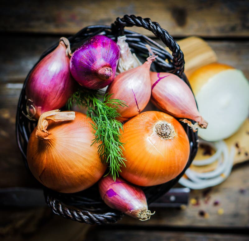 Colorful Onions in the Basket on Rustic Wooden Background Stock Photo ...