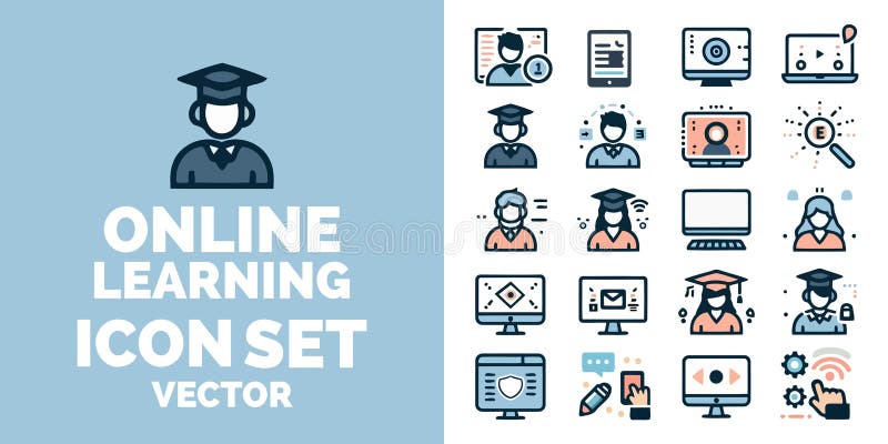Colorful Online Learning Themed Icon Set Stock Vector - Illustration of ...