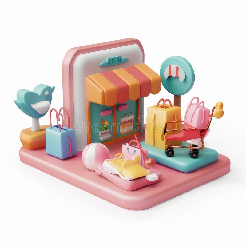 Online Shopping Fun: Colorful 3D Cartoon Store and Shopping Cart Stock ...