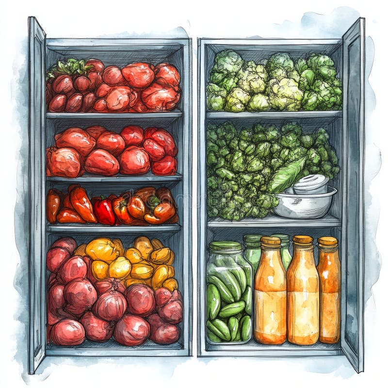 Colorful Open Refrigerator Filled with Fresh Vegetables and Juice ...