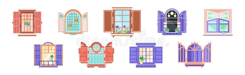 Colorful Open Window with Shutters and Houseplant Vector Set Stock ...