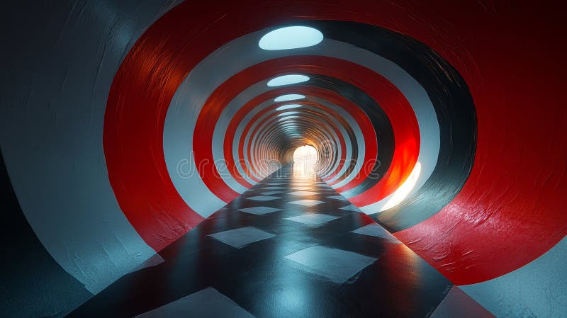 Colorful Optical Illusion Tunnel with Red and White Concentric Rings ...