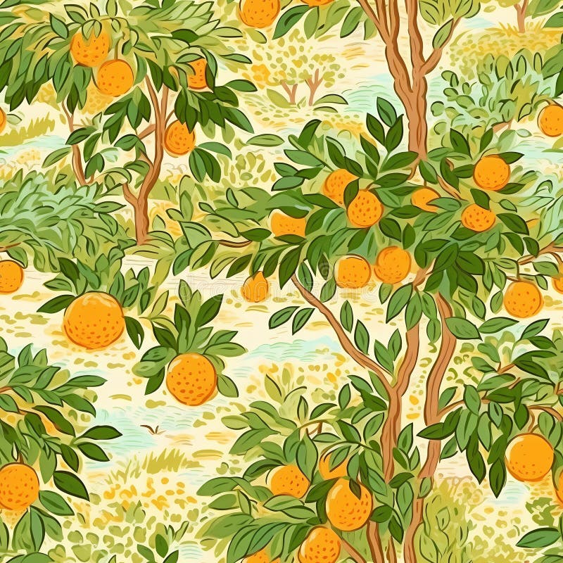 Colorful Orange Tree Garden Drawing Seamless Pattern Stock Illustration ...