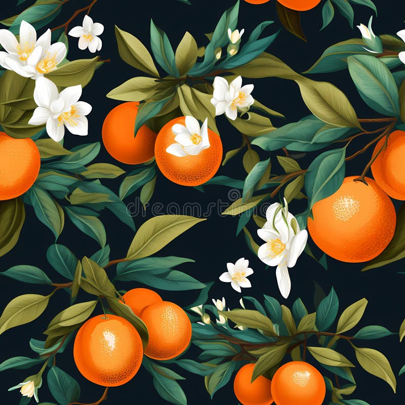 Colorful Orange Tree Garden Drawing Seamless Pattern Stock Illustration ...