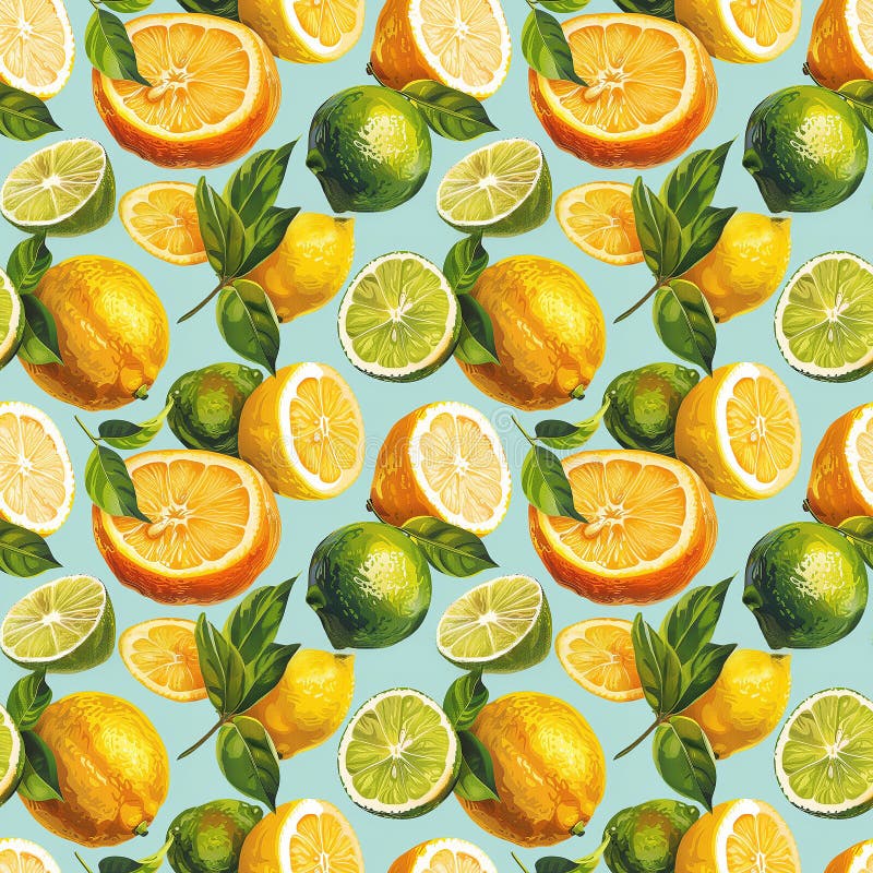 Colorful Oranges, Lemons, and Limes Pattern on Light Blue Background ...