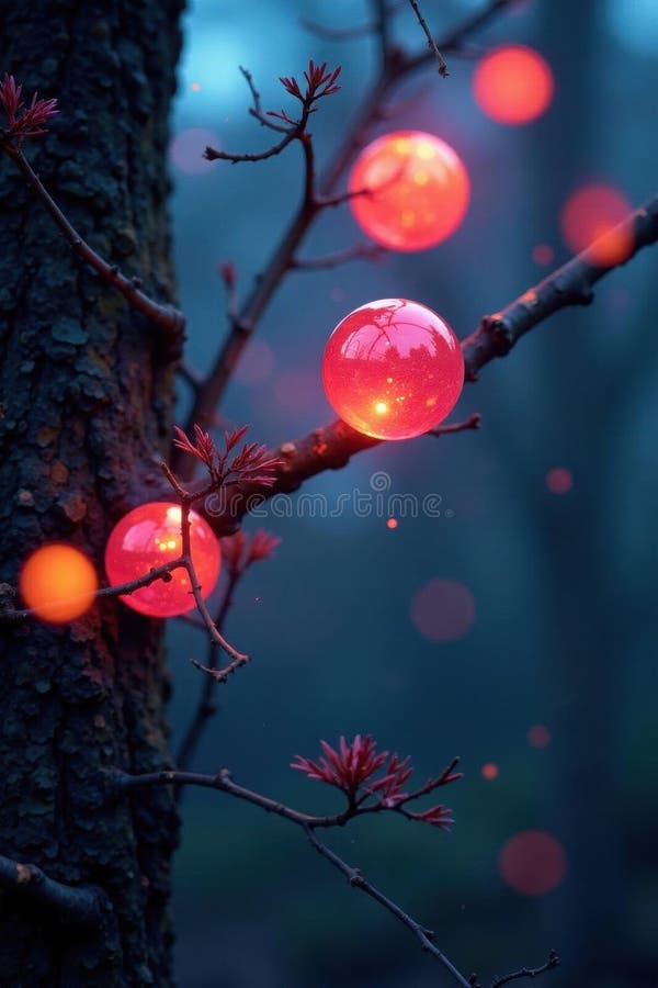 Colorful Orbs of Light Softly Focus on Bare Tree Limbs , Abstract ...