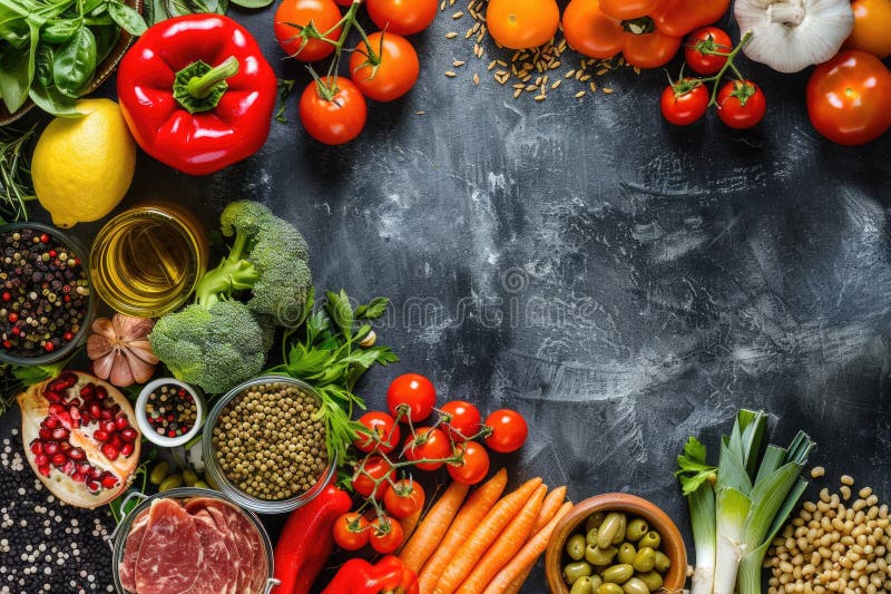 Colorful Organic Fresh Fruits and Vegetables on Dark Rustic Background ...