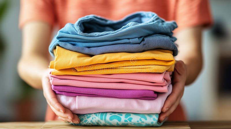 A Colorful and Organized Stack of Folded Clothes, Held Gently in a ...
