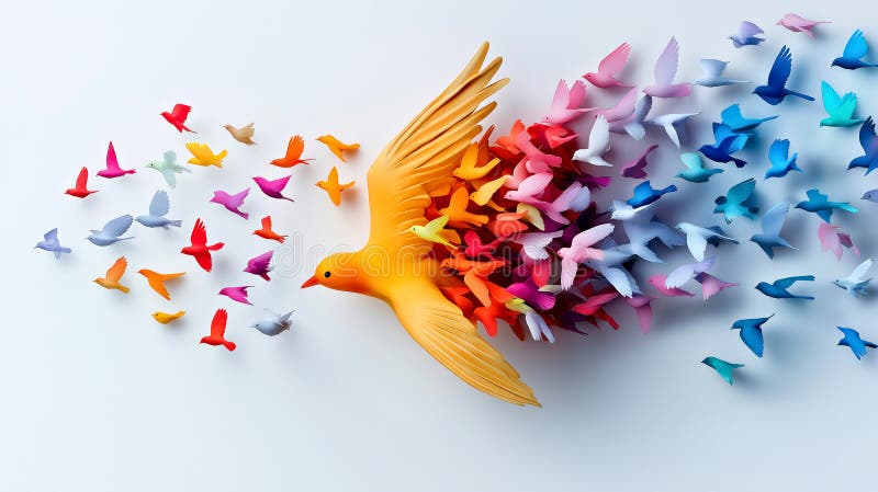 Colorful Origami Birds in Flight Against White Background Stock ...