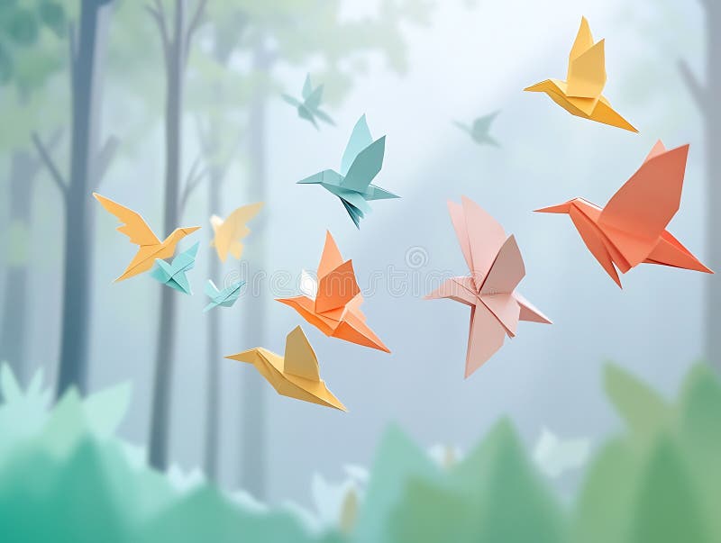 Colorful Origami Birds Flying in a Misty Forest Stock Illustration ...