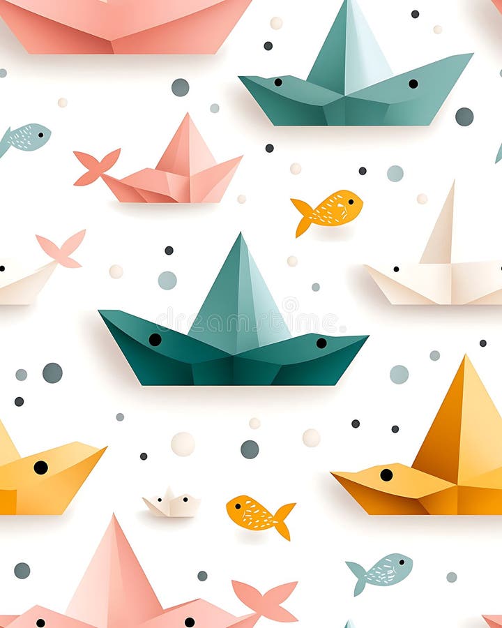 Colorful Origami Boats and Fish Create Playful, Whimsical Pattern Stock ...