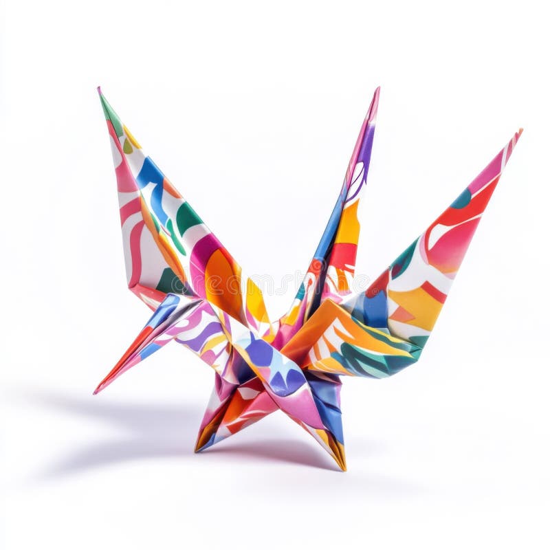 Colorful Origami Crane with Abstract Pattern on White Background Stock ...