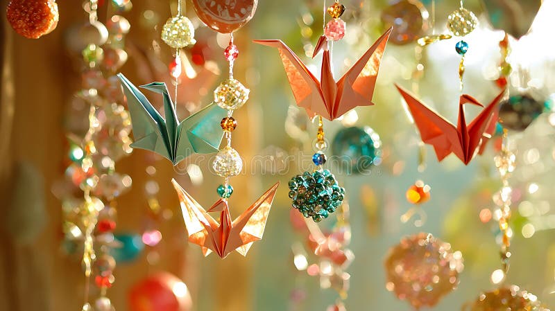 Colorful Origami Cranes and Beads Hanging Mobile Stock Photo - Image of ...