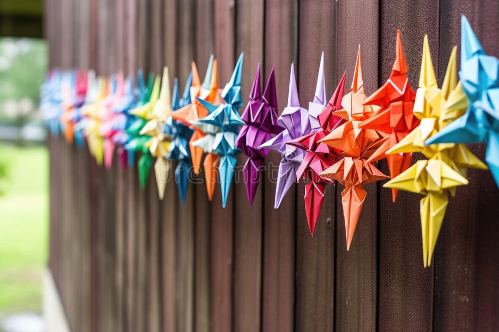 Colorful Origami Cranes Hanging on a String Stock Illustration ...