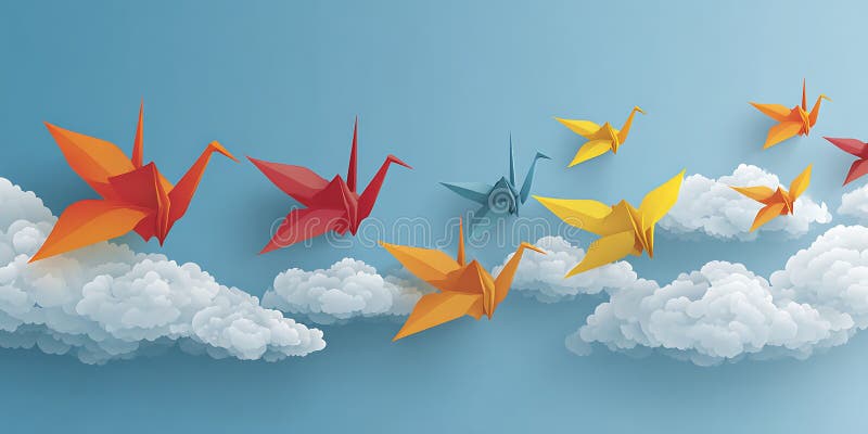 Colorful Origami Cranes Soaring through Clouds a Stunning Visual Stock ...