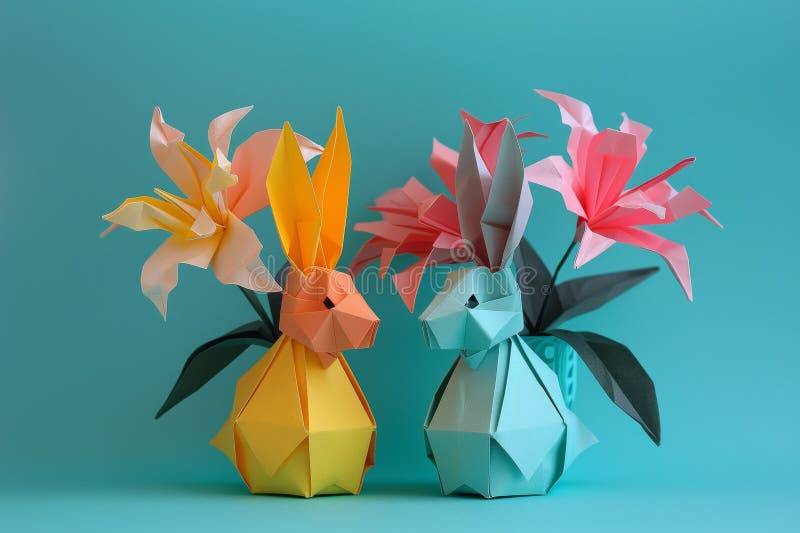 Colorful Origami Easter with Flowers and Bunny Decor Stock Illustration ...