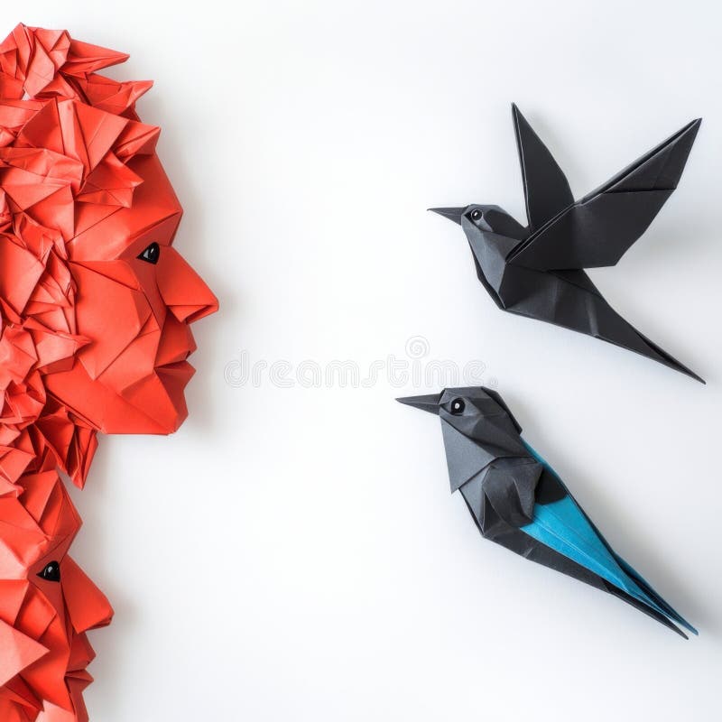 Colorful Origami Faces and Birds Displayed on a White Wall in an ...