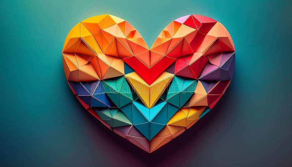 Colorful Origami Heart Composed of Geometric Triangles on Neutral ...