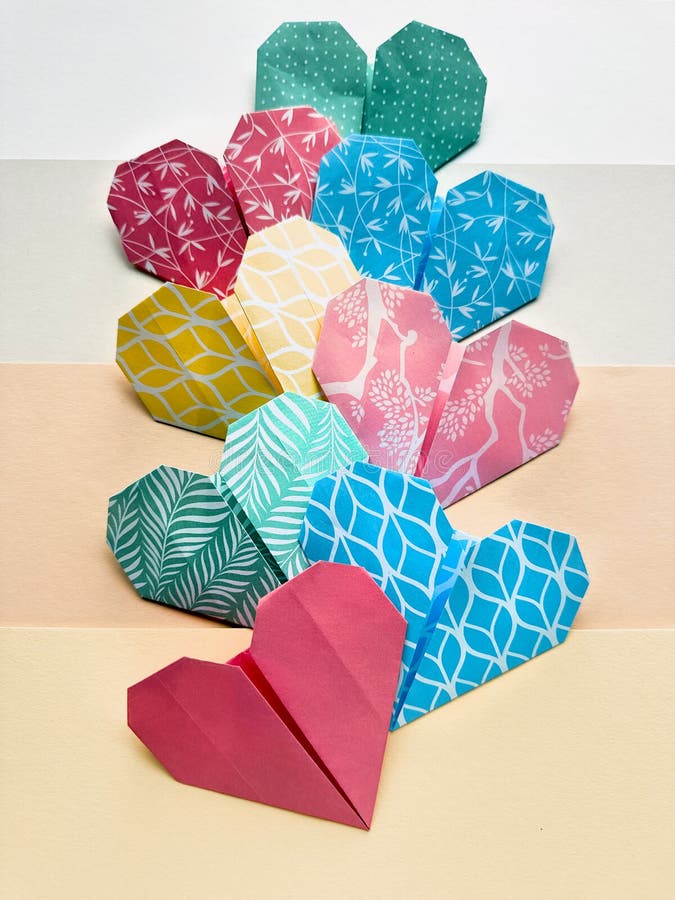 Colorful Origami Paper Hearts in Assorted Patterns and Designs Stock ...