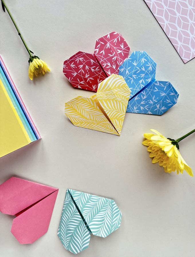 Colorful Origami Paper Hearts in Assorted Patterns and Designs Stock ...