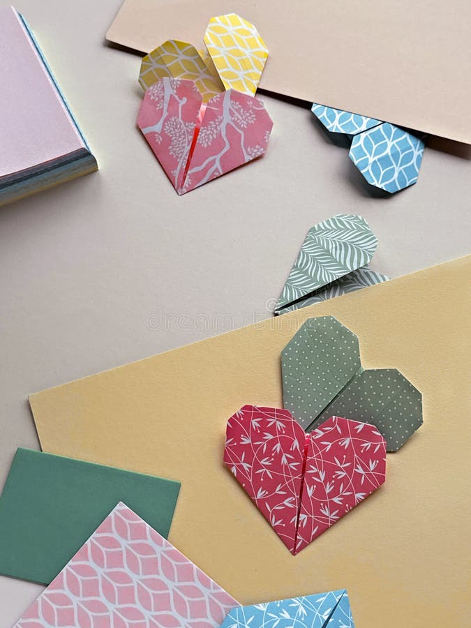 Colorful Origami Paper Hearts in Assorted Patterns and Designs Stock ...