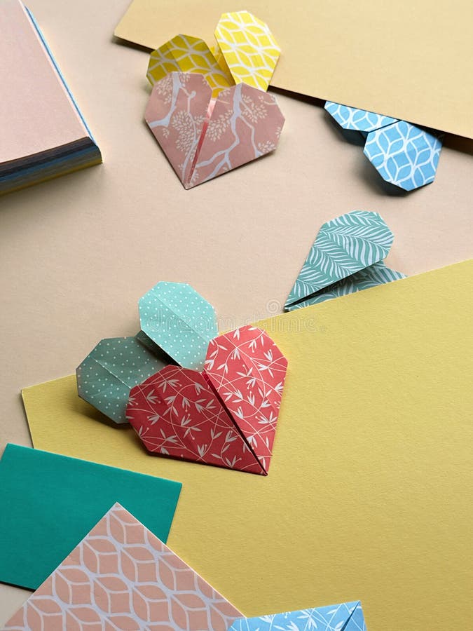 Colorful Origami Paper Hearts in Assorted Patterns and Designs Stock ...