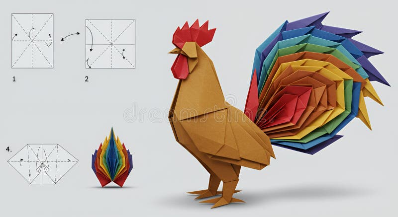 Colorful Origami Rooster Displayed with Step by Step Instructions Stock ...