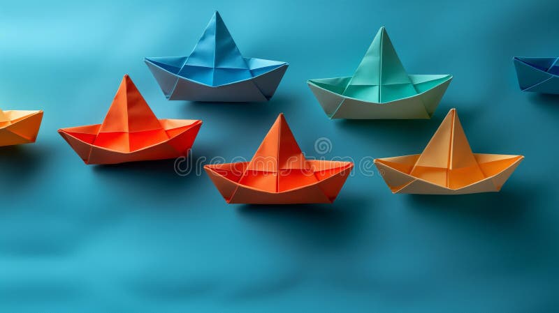 Colorful Origami Ships on Blue Background Stock Illustration ...
