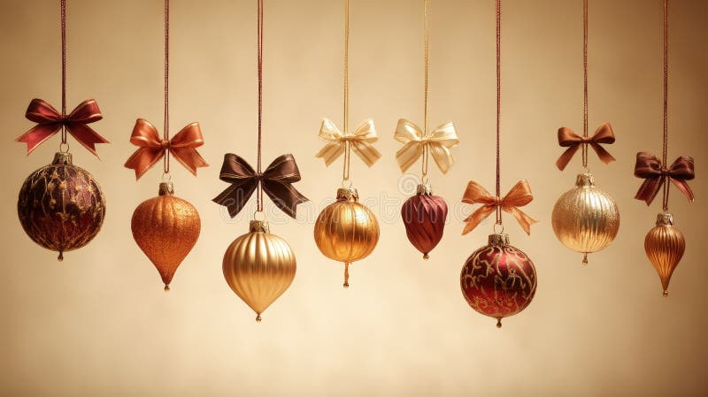 Colorful Ornaments with Bows and Ribbons Hanging from Ceiling in Bright ...