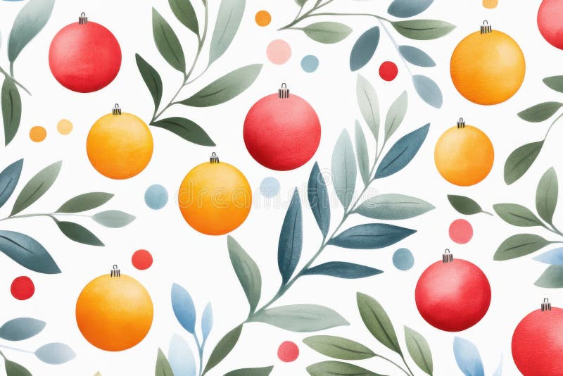 Colorful Ornaments and Leaves Create Festive Pattern Design Stock ...