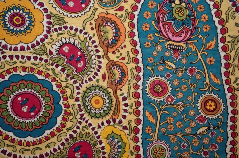 Colorful Ornate Floral Patterns on Vibrant Textile Fabric Design Stock ...