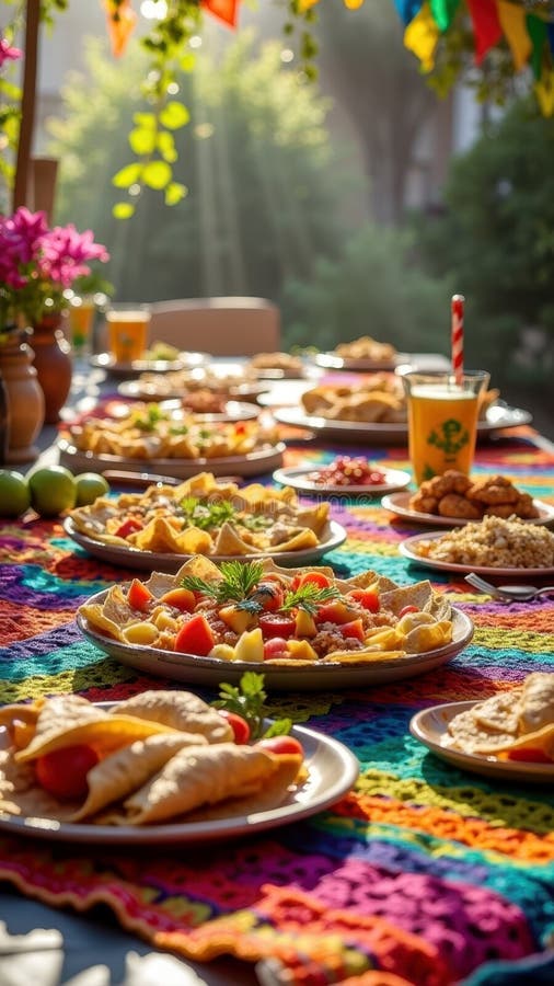 Colorful Outdoor Breakfast Spread with Fruits and Pastries on Festive ...