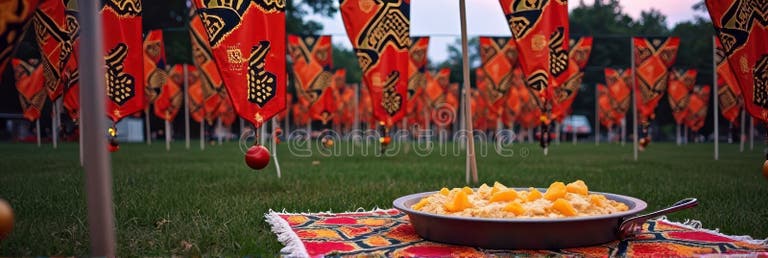 Colorful Outdoor Dining Setup with Bright Flags and Fruit Salad on ...