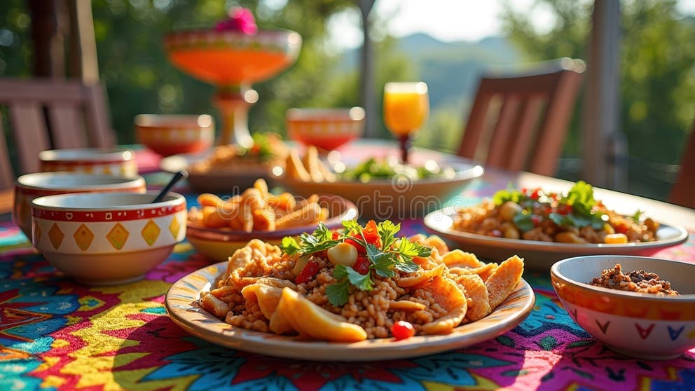 Colorful Outdoor Dining Table with Assorted Mediterranean Dishes Stock ...