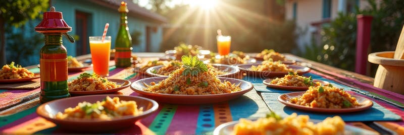 Colorful Outdoor Feast with Decorative Table Set and Sunlit Background ...