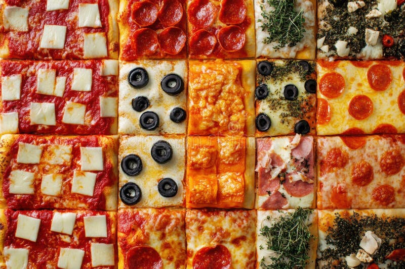 Colorful Overhead Arrangement of Pizzas Showcasing Various Toppings in ...
