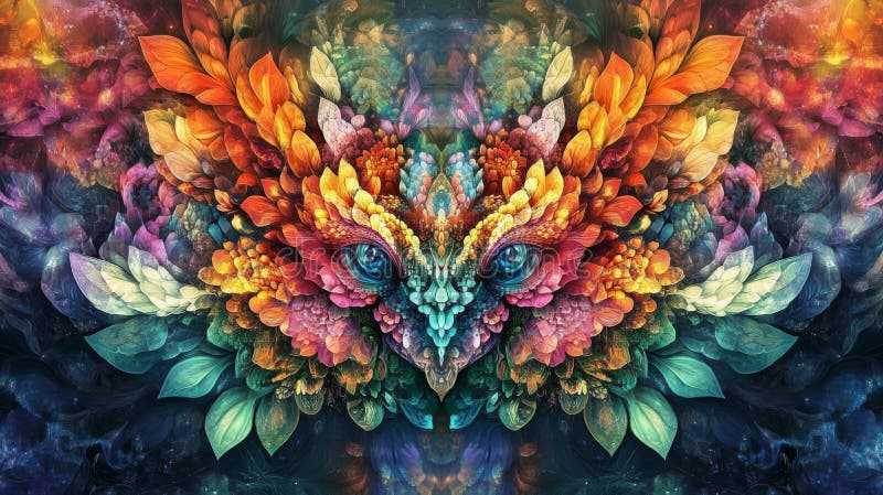 Colorful Owl Abstract Digital Art with Leaves Stock Image - Image of ...