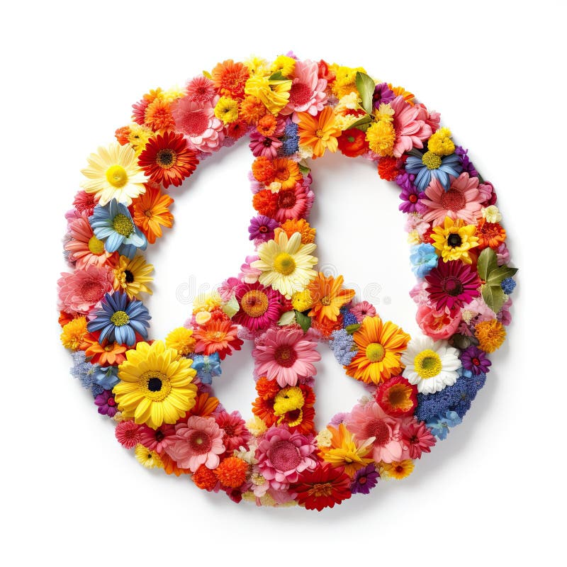 Colorful Pacifist Peace Symbol with Flowers on White Stock Illustration ...