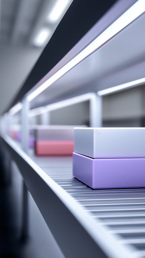 Colorful Packages Sliding on Warehouse Conveyor Belt, Depicting ...
