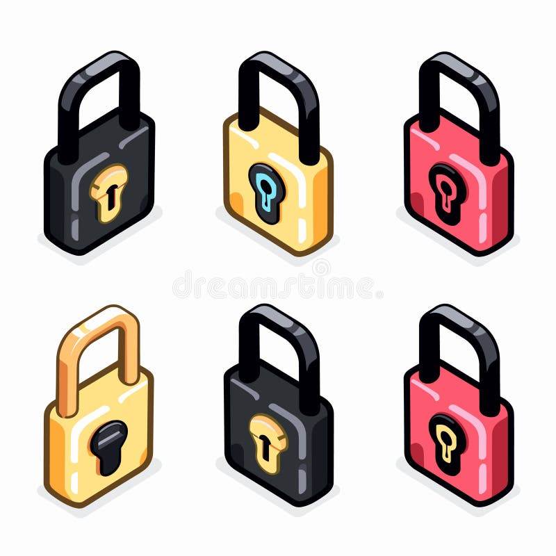 Colorful Padlocks, Isometric View, Security Concept, Yellow Black Pink ...