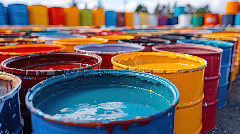 Colorful Paint Barrels Displayed Outdoors, Showcasing a Vibrant Array ...