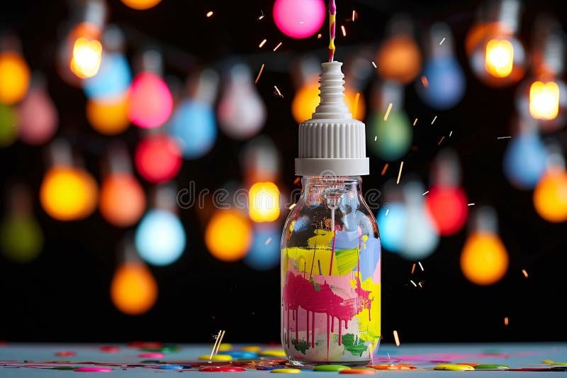 Colorful Paint Bottle Dripping on a Blurred Colorful Lights Background ...