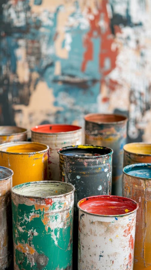 Colorful Paint Cans in an Art Studio with Abstract Background ...