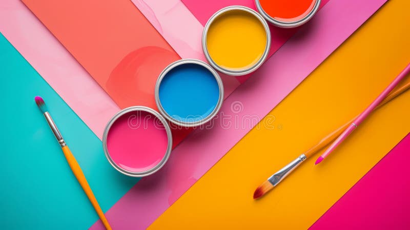 Colorful Paint Cans and Brushes on Vibrant Background Stock Image ...