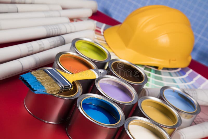 Colorful Paint Cans with Paintbrush Stock Photo - Image of homework ...