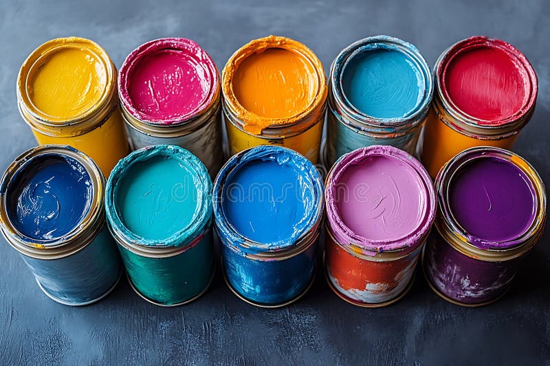 Row of Colorful Paint Cans, Top View, Assorted Colors, CloseUp, Dark ...