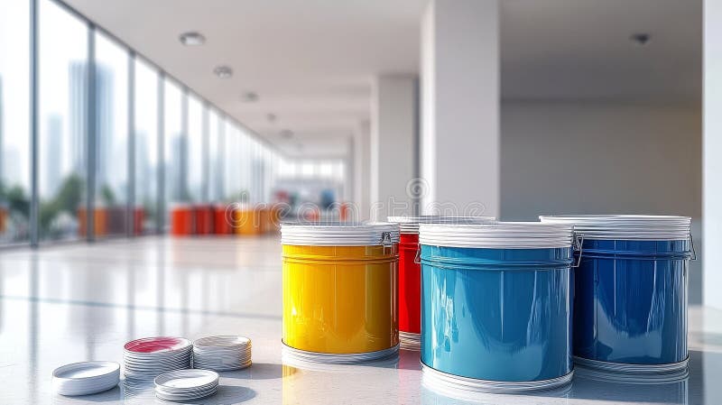 Colorful Paint Cans and Sample Discs in a Spacious, Modern Office ...